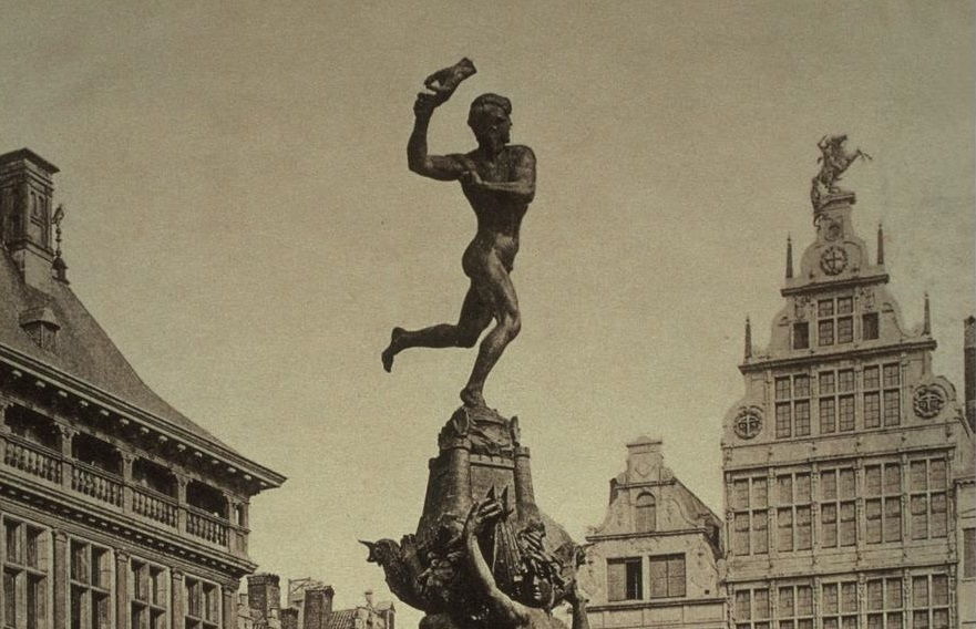 Het standbeeld van Brabo op de Grote Markt in 1900. Brabo zou de reus ...